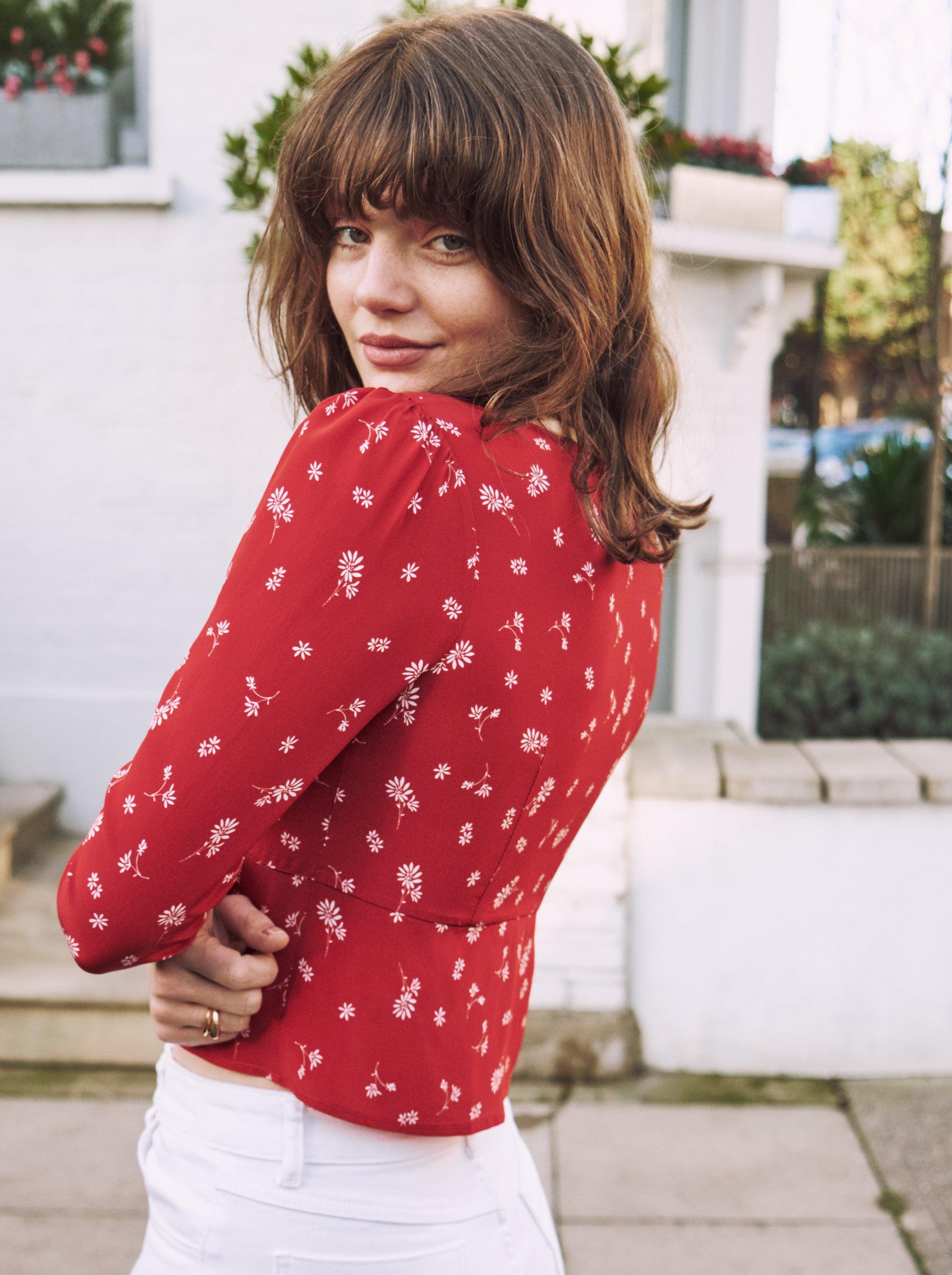 Ami Red Floral Silk Top｜Azuriera